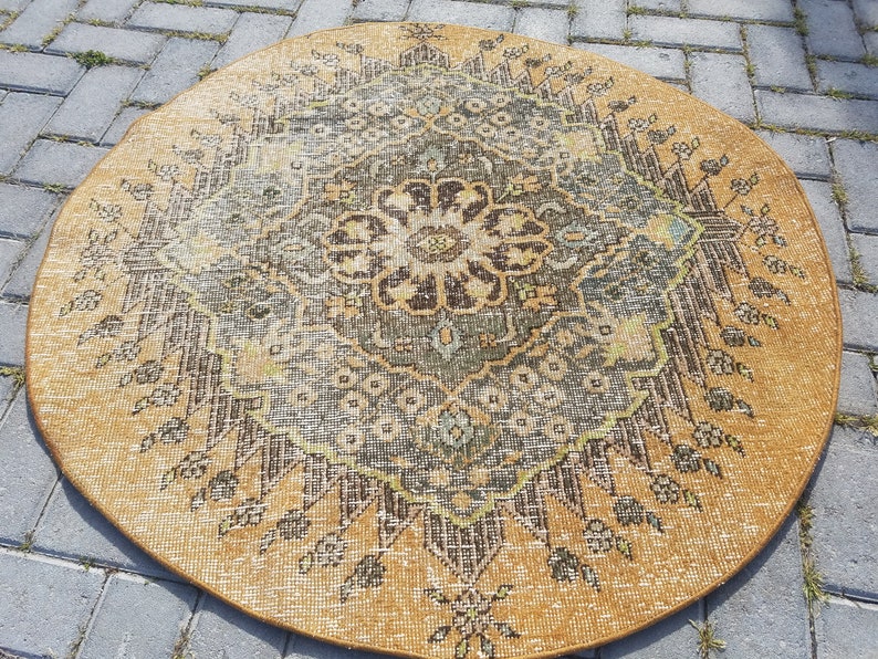 Round Rug 3'7 Feet, Circle Rug, Turkish Rug Vintage Rug Vintage Oushak ...