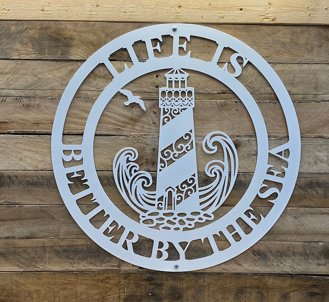 Lighthouse Monogram Sign | Beach House Metal Wall Art | Coastal Family ...