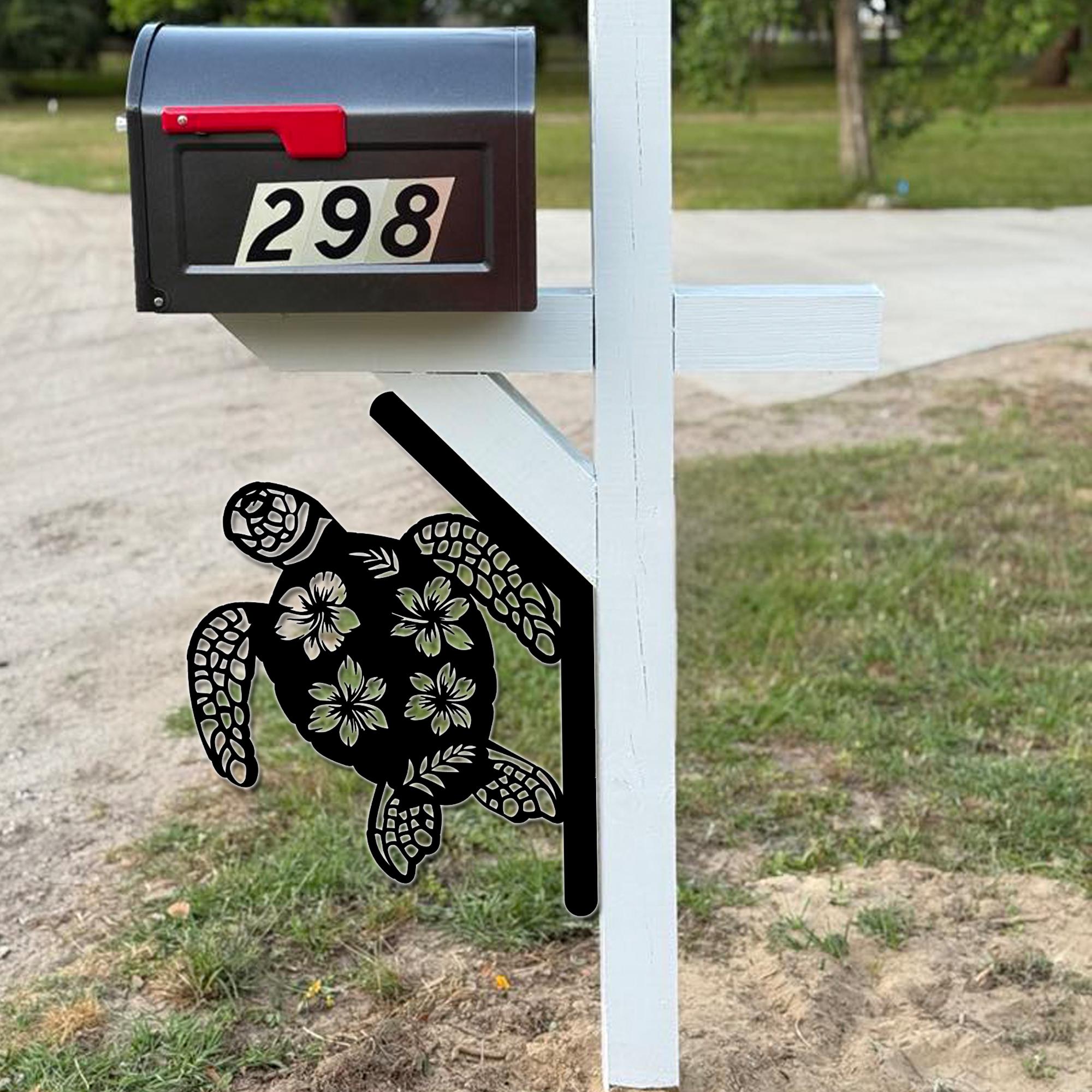 Floral Sea Turtle Mailbox Bracket – Black Powder Coated Metal Outdoor ...
