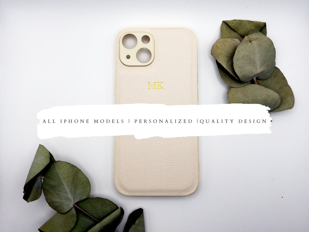 Personalized Beige White Monogram iPhone Case - Embossed Vegan Leather ...