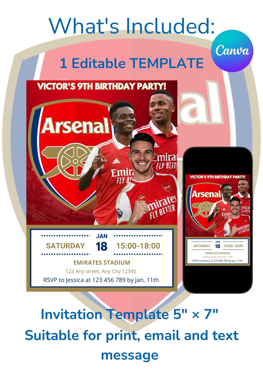 Arsenal Invitation, Invitation Template, Canva Template - Etsy