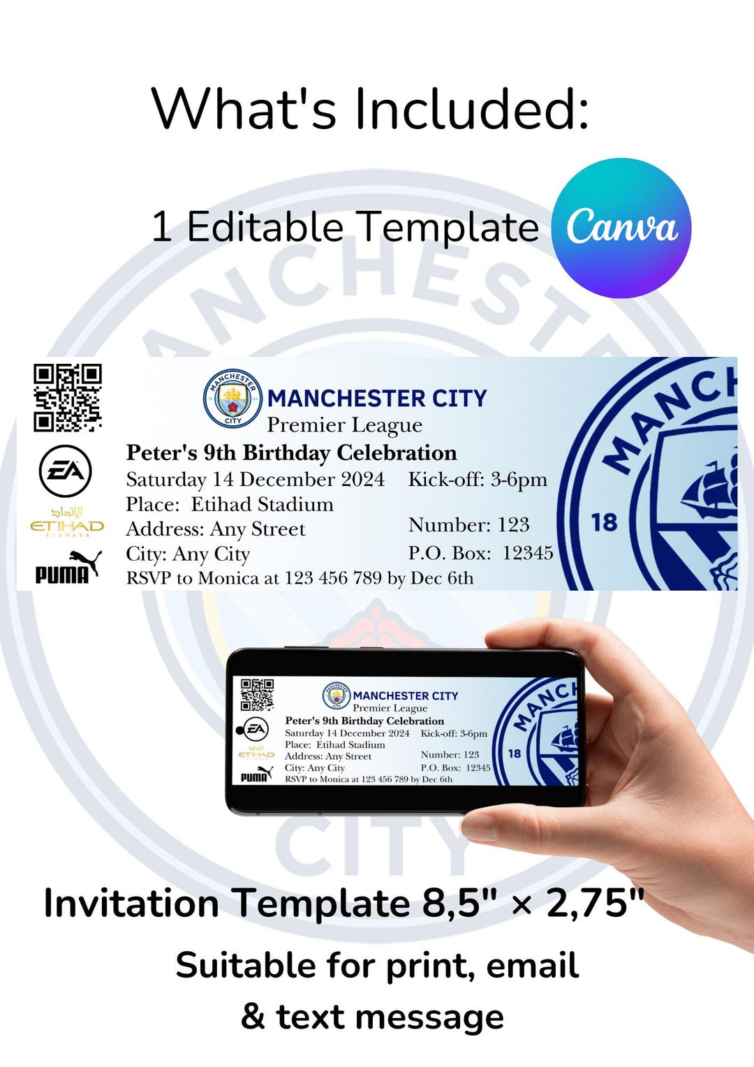 Manchester City Birthday Party Invitation, Editable Invitation, Canva ...