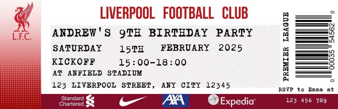 Liverpool Entrance Ticket Party Invitation Template, Liverpool Party ...