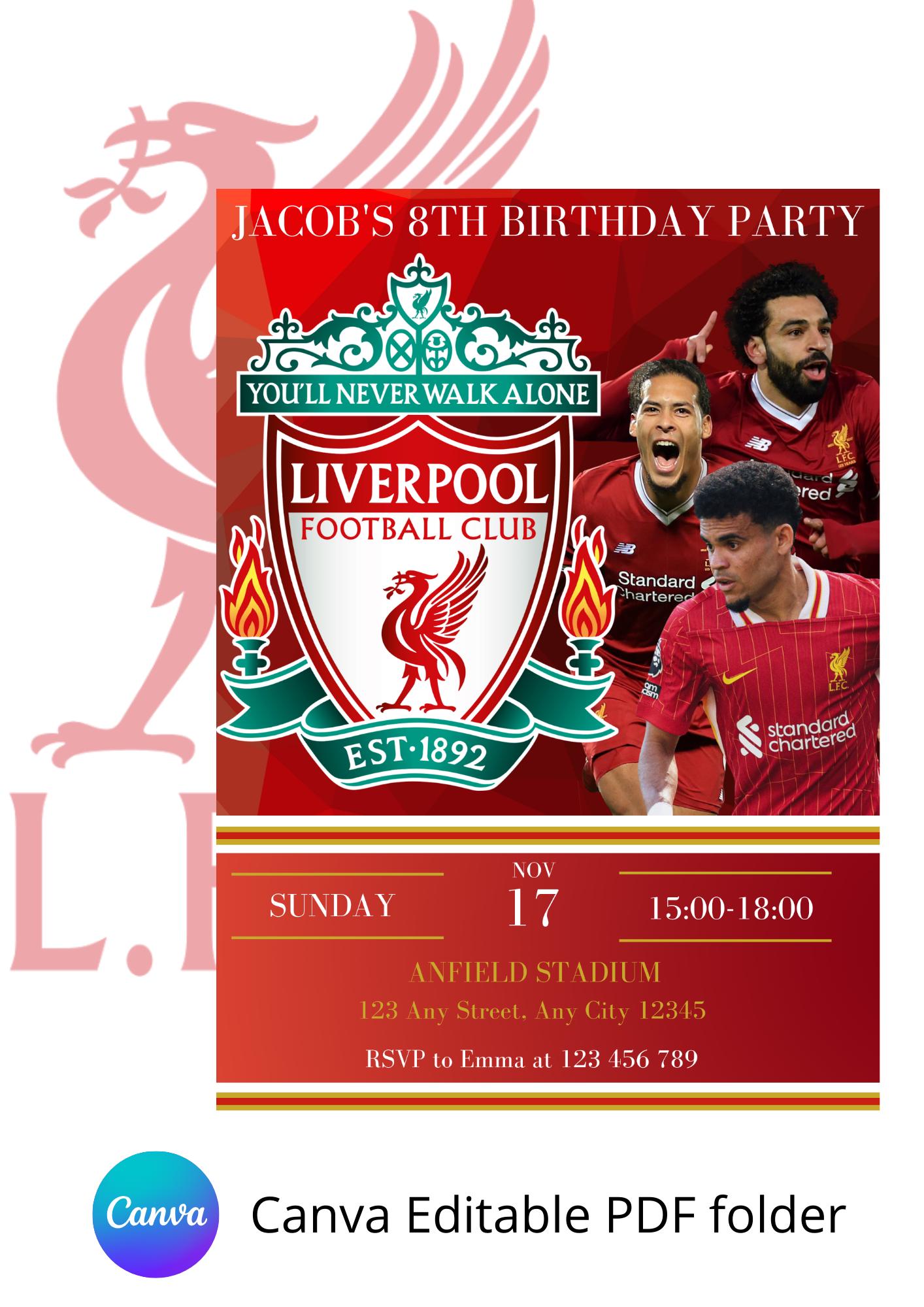 Liverpool Fc Birthday Party Invitation, Editable Template, Canva ...