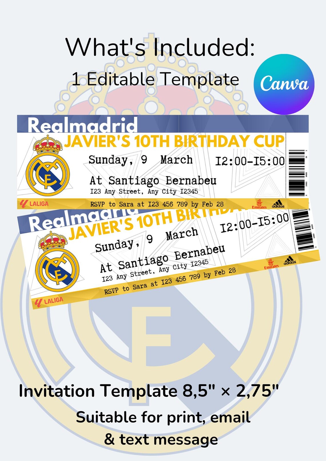 Real Madrid Entrance Ticket Invitation Template, Canva Template - Etsy