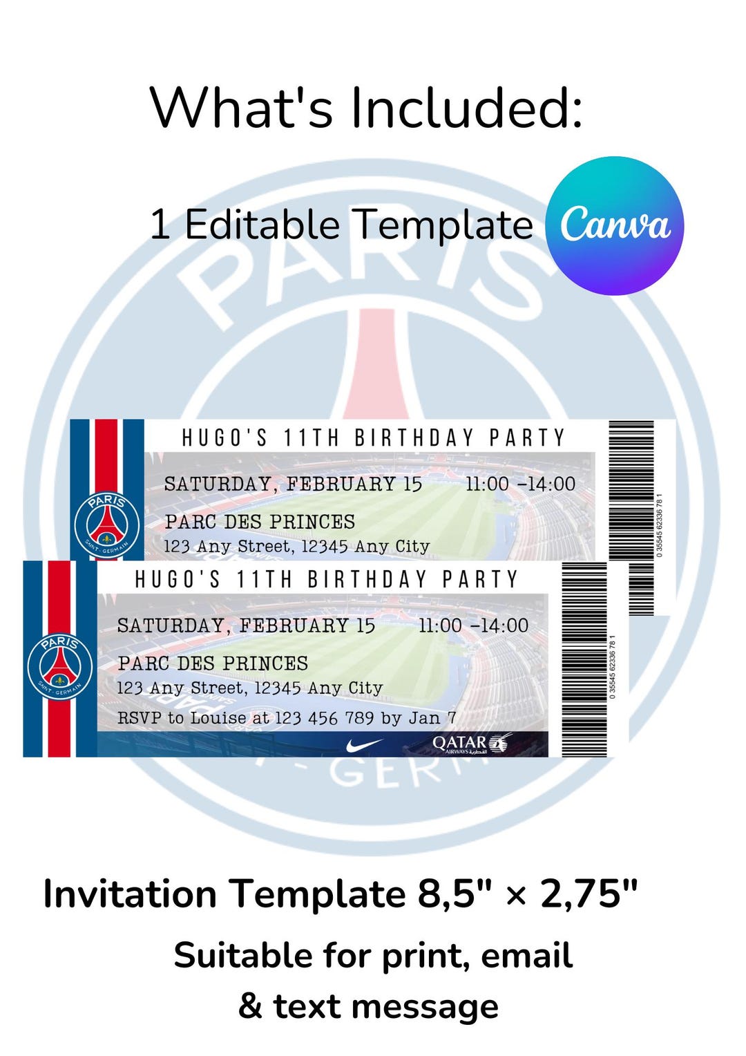 Paris Saint Germain Entrance Ticket Invitation Template, Canva Template ...
