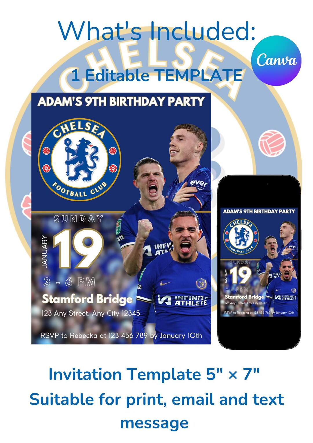 Chelsea Football Players Invitation, Invitation Template - Etsy