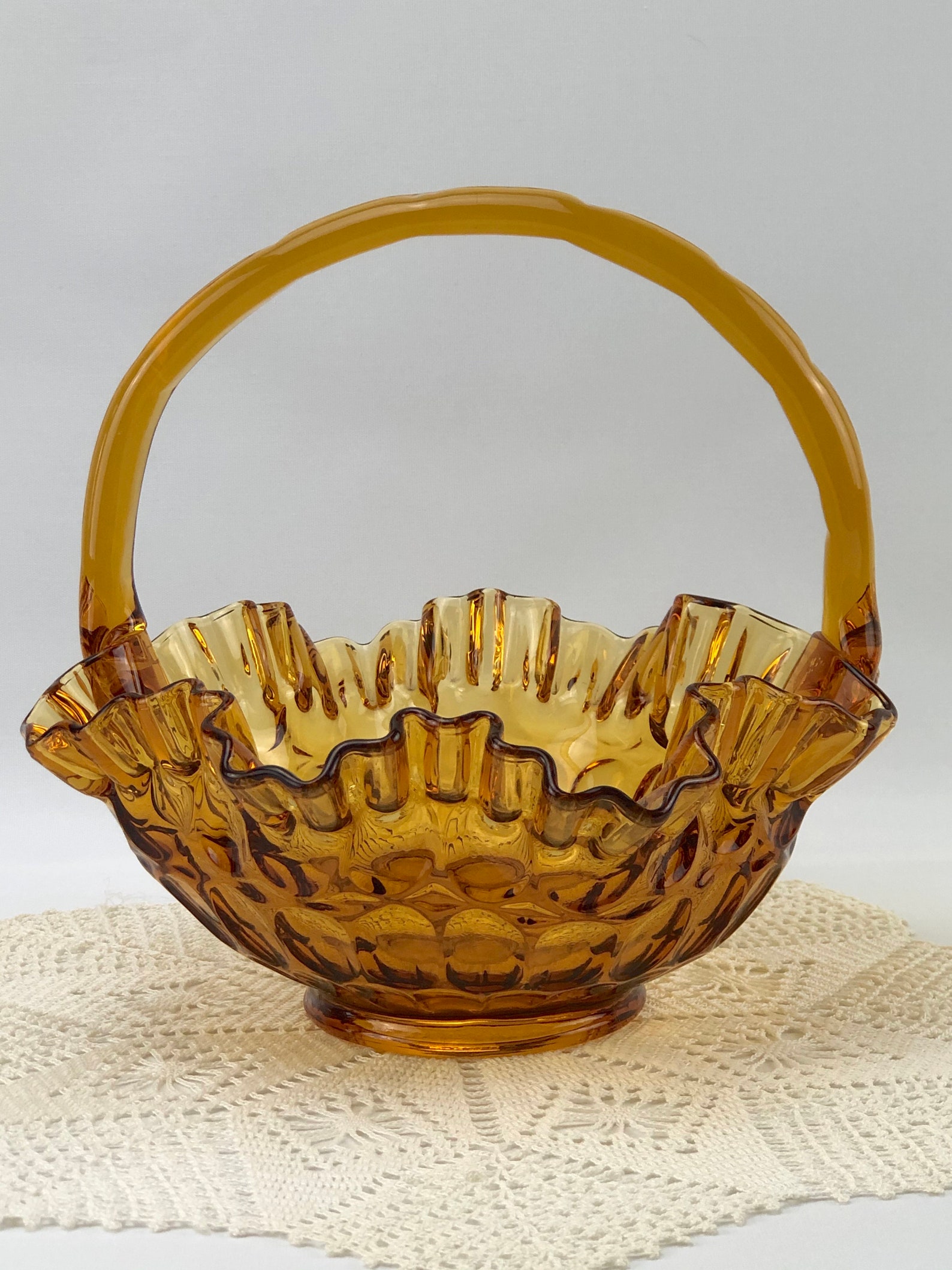 Fanton Crimped Amber Glass Basket With Handle, Handmade, Thumbprint ...