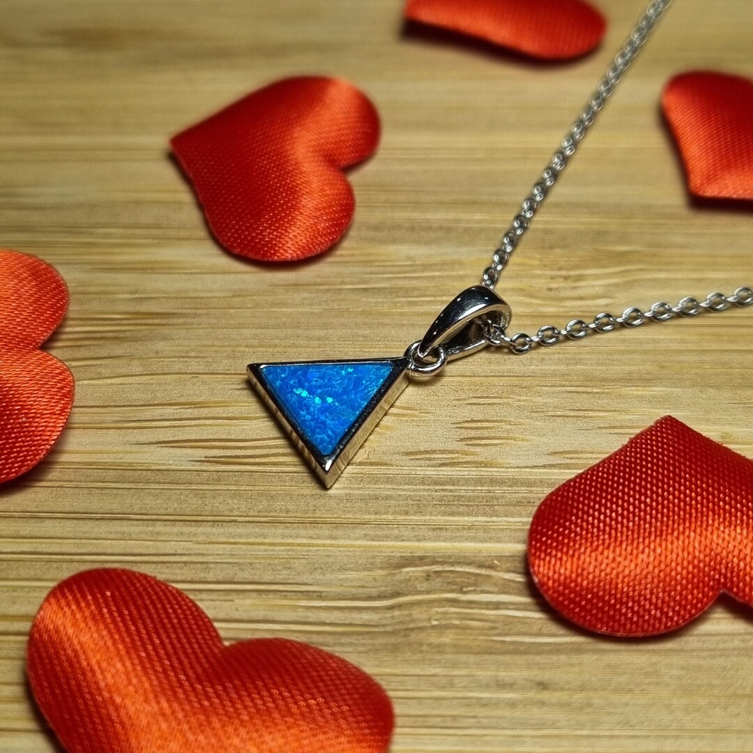 Opal Triangle Pendant Blue Silver Necklace - Etsy