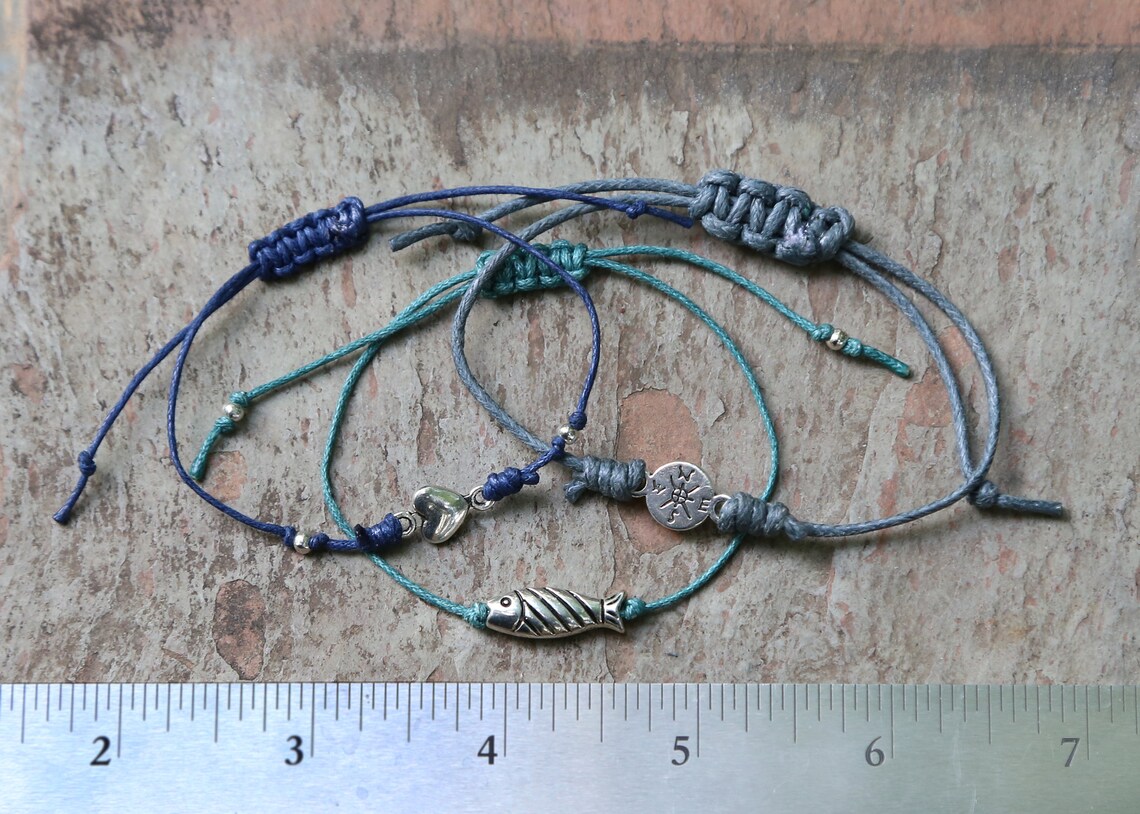 3 String Bracelet Set, Silver Fish Heart Compass, Gift Set - Etsy