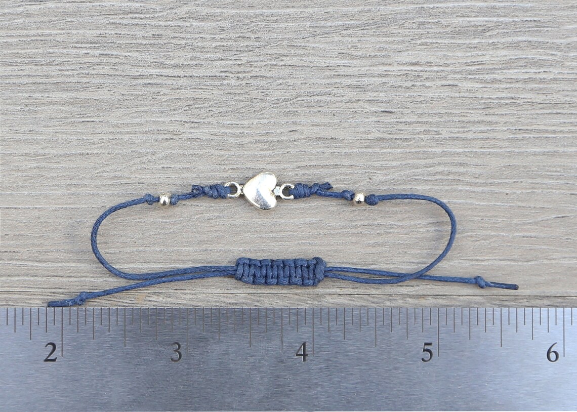 Navy Blue String Bracelet, Silver Heart Charm, Silver Beads - Etsy