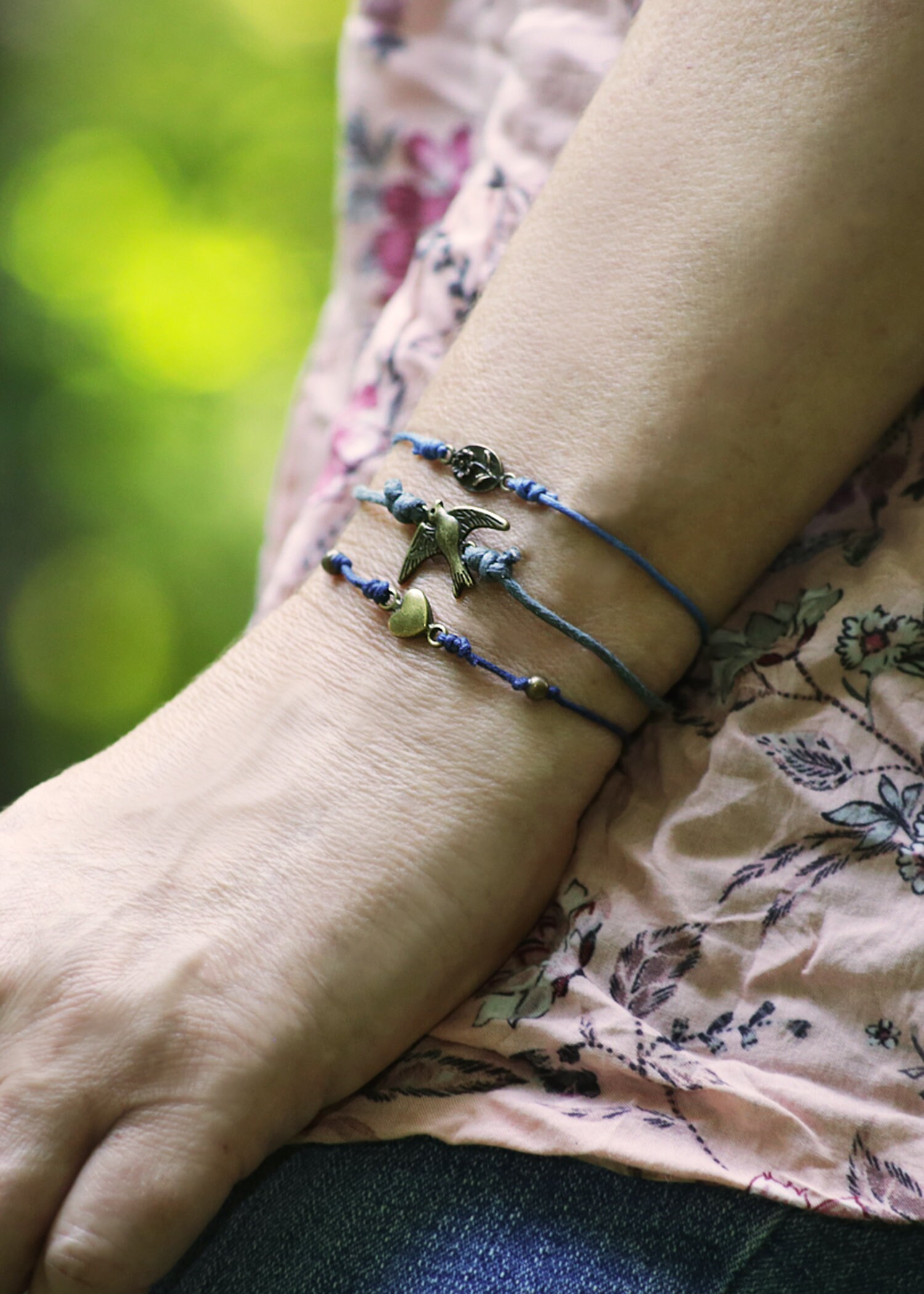 3 String Bracelet Set, Bronze Heart Bird Flower, Gift Set - Etsy