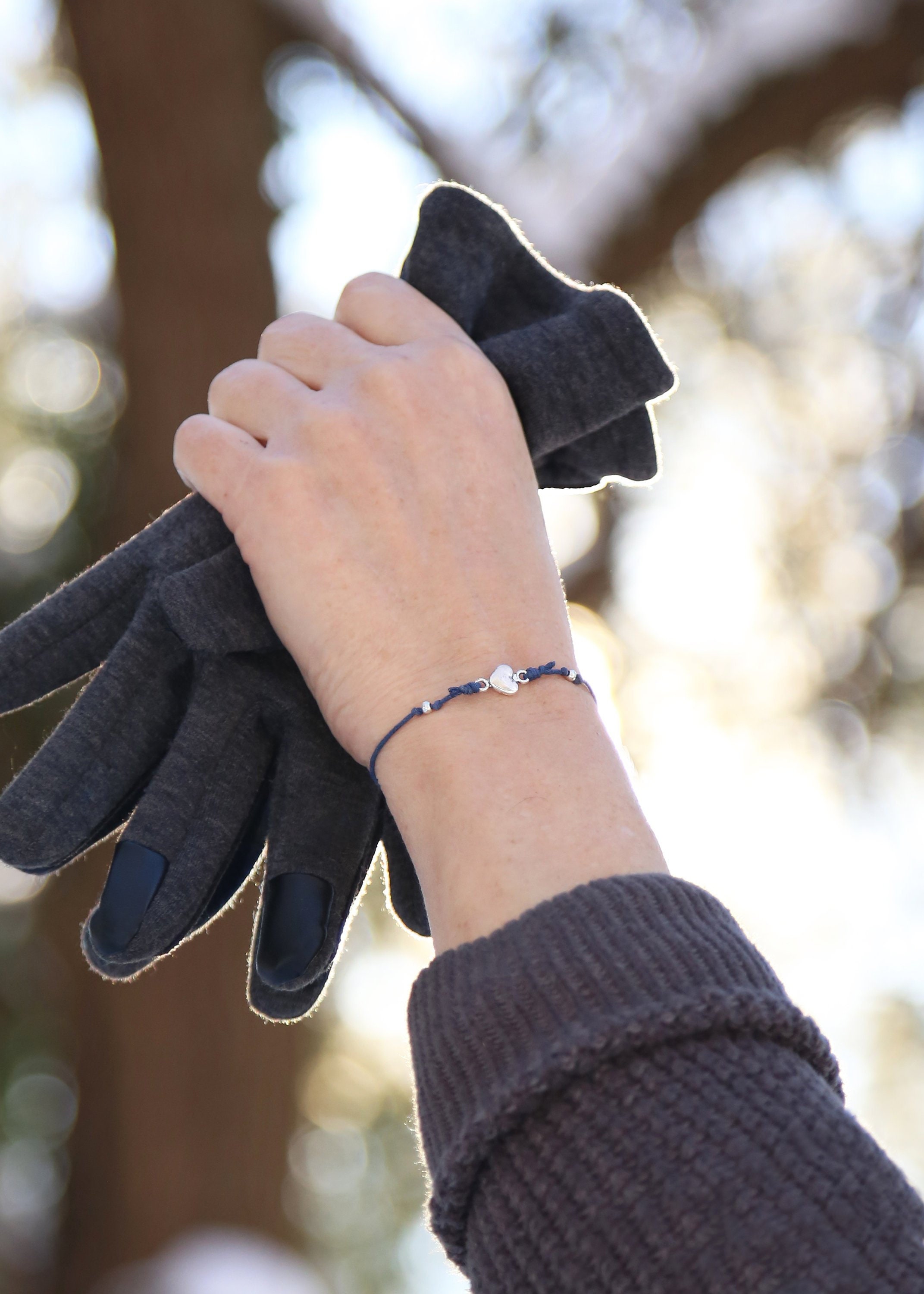 Navy Blue String Bracelet, Silver Heart Charm, Silver Beads - Etsy
