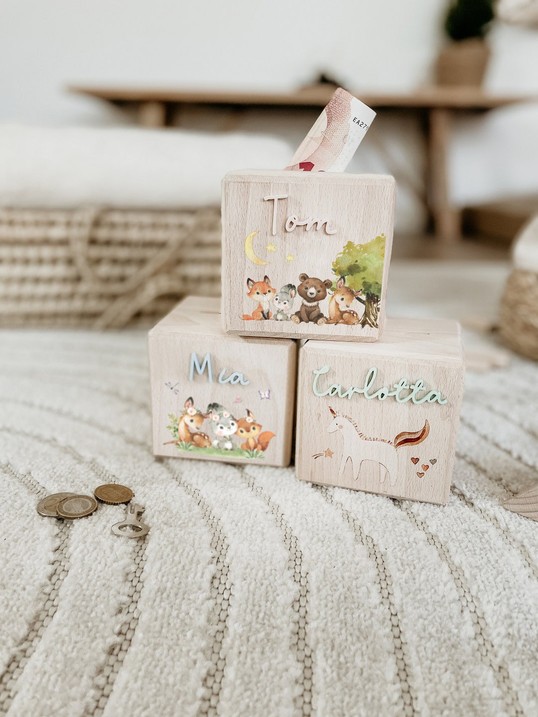 Wooden Money Box Personalized, FOREST ANIMAL FAMILY, Piggy Bank, Child ...