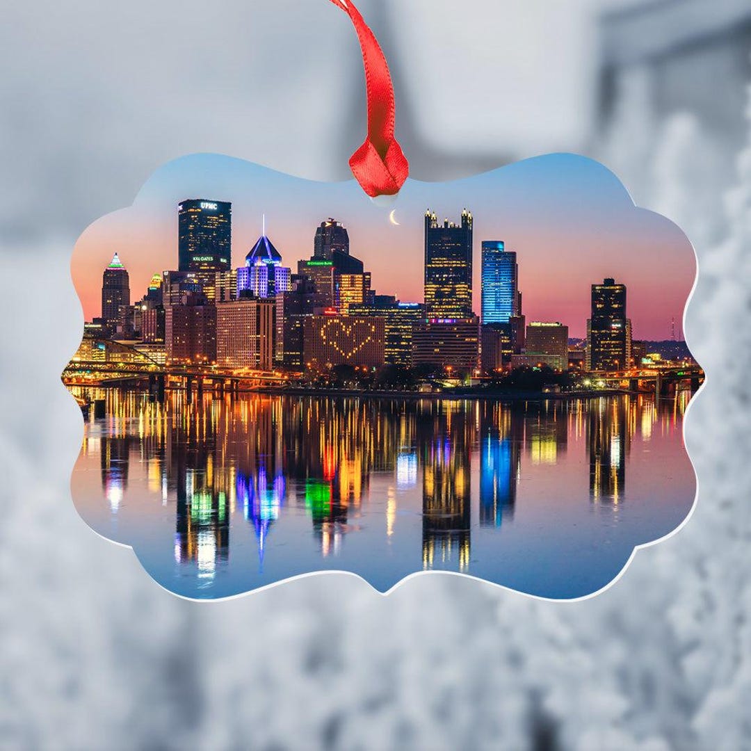 Pittsburgh Skyline Heart Reflection Metal Christmas Ornament Pittsburgh ...