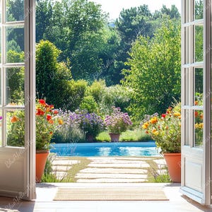 Zoom Background of a French Window Garden View Backdrop, Summer Green ...