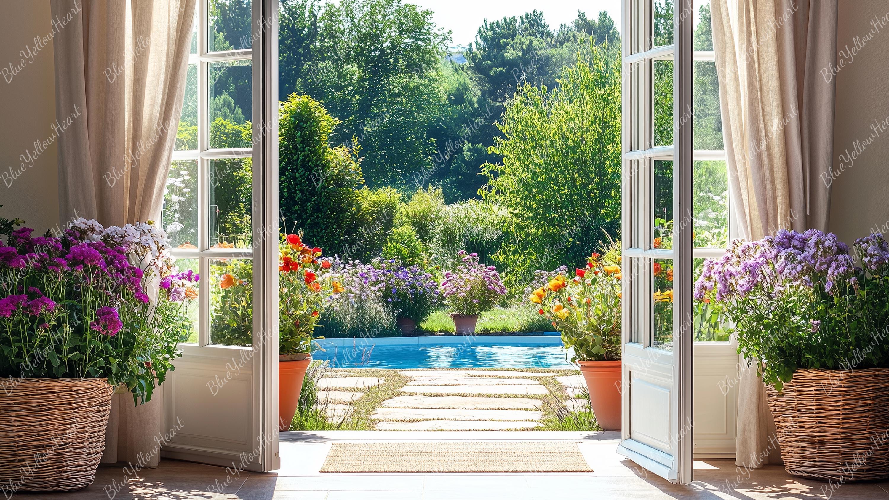 Zoom Background of a French Window Garden View Backdrop, Summer Green ...