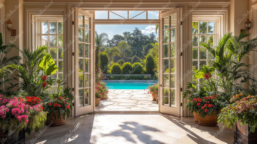 Zoom Background of a French Window Garden View Backdrop, Summer Green ...