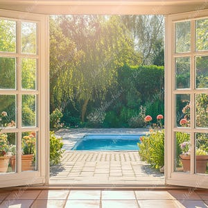 Zoom Background of a French Window Garden View Backdrop, Summer Green ...