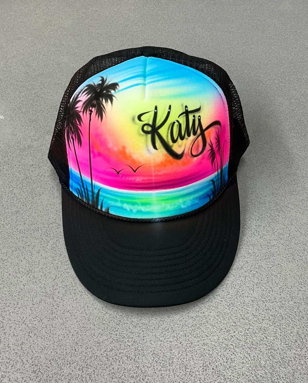 Airbrushed Snapback Trucker Hat Beach Scene Any Name and Colors - Etsy