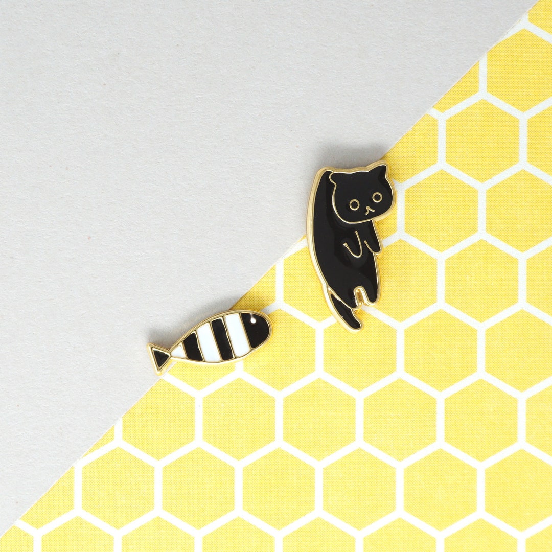 Black Lazy Cat Mismatched Enamel Earrings- Brass- 24K Gold Plated ...