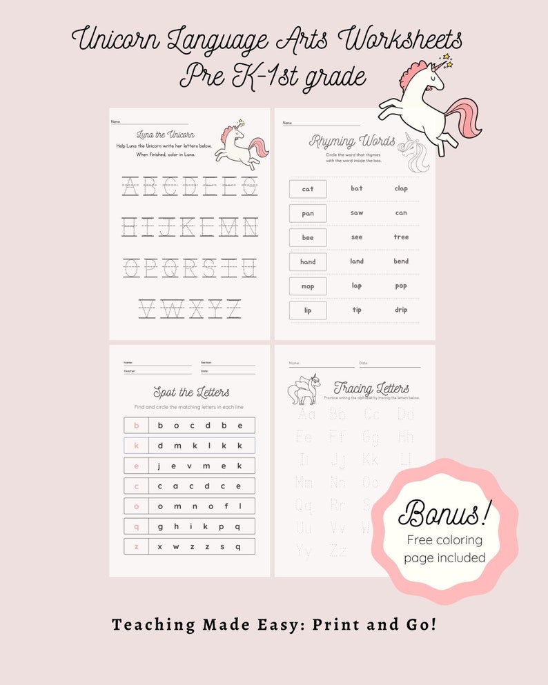 Unicorn Language Arts - Prek, Kindergarten, 1st Grade, Elementary ...