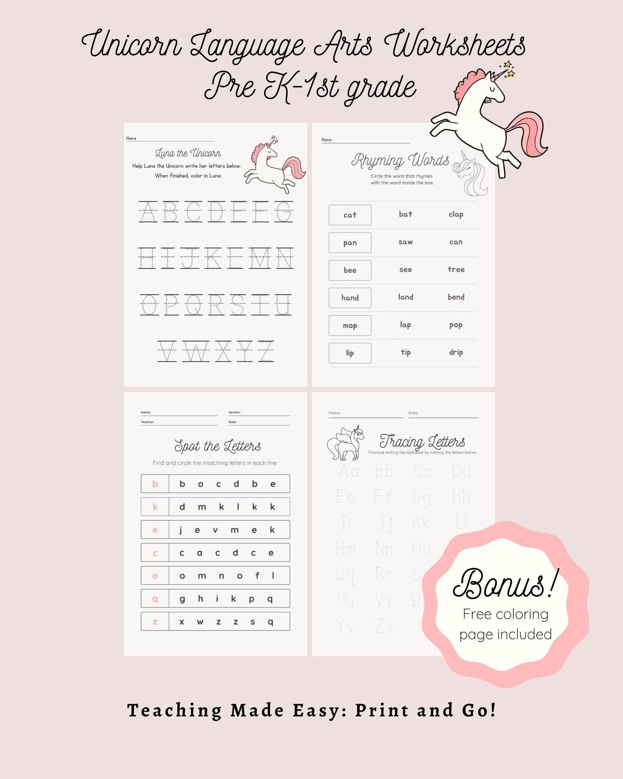 Unicorn Language Arts Prek, Kindergarten, 1st Grade, Elementary School ...