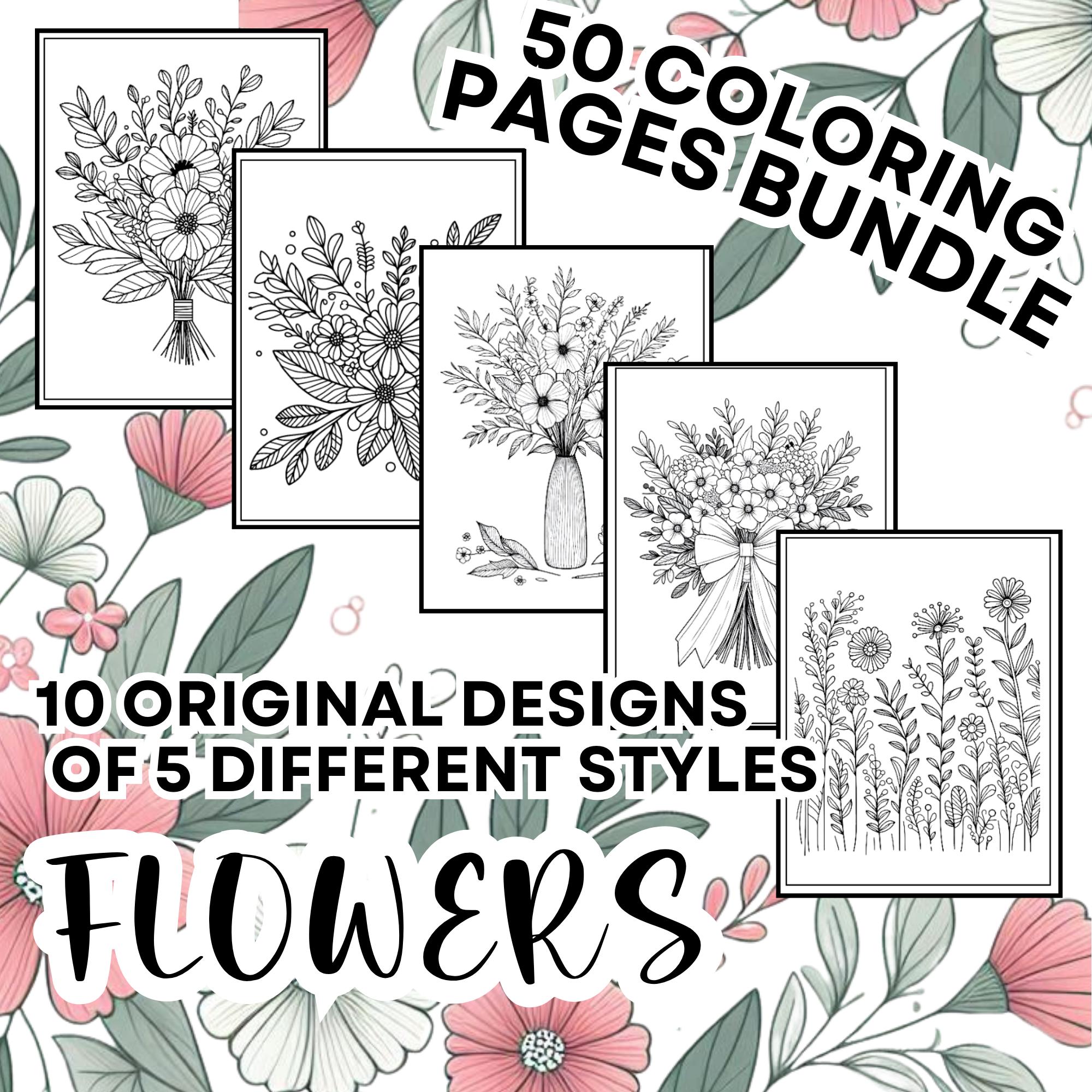 50 Printable Coloring Pages Bundle Flower Coloring Pages Flowers ...