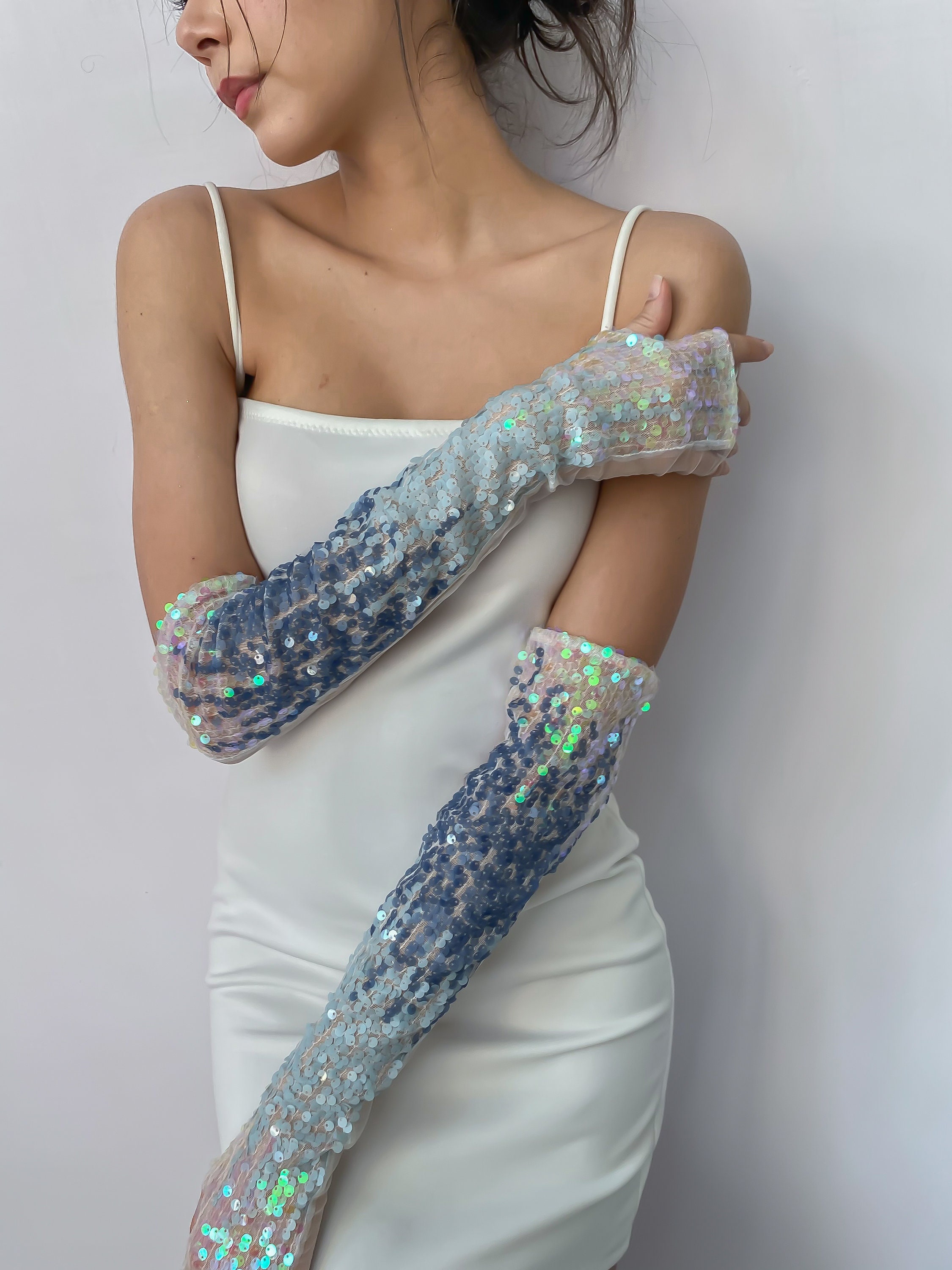 Ombre Blue Disco Gloves Sequinned Blue Sheer Tulle Gloves - Etsy