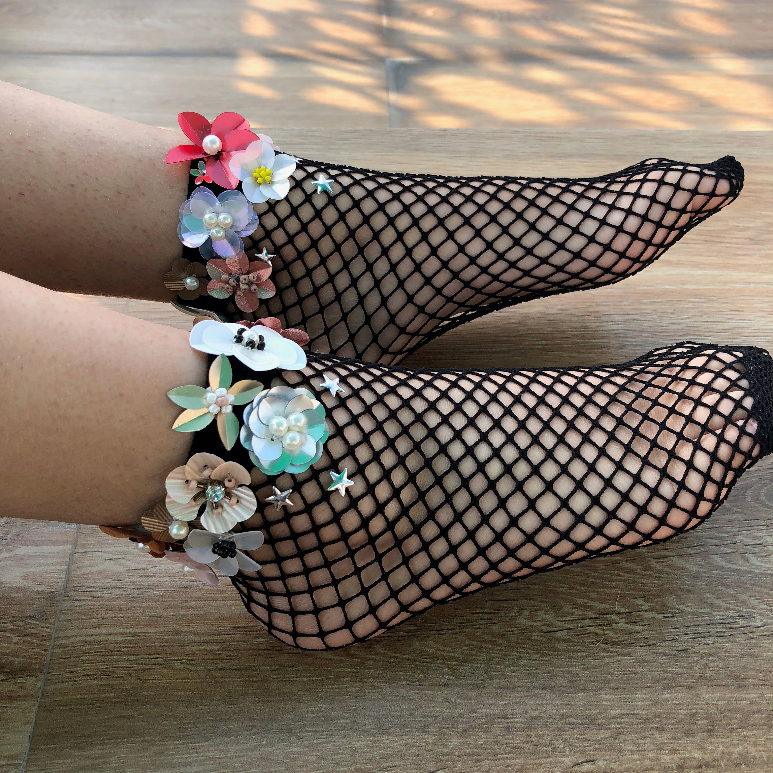 Dark Daze Embellished Fishnet Socks 3D Flower Vintage Socks | Etsy