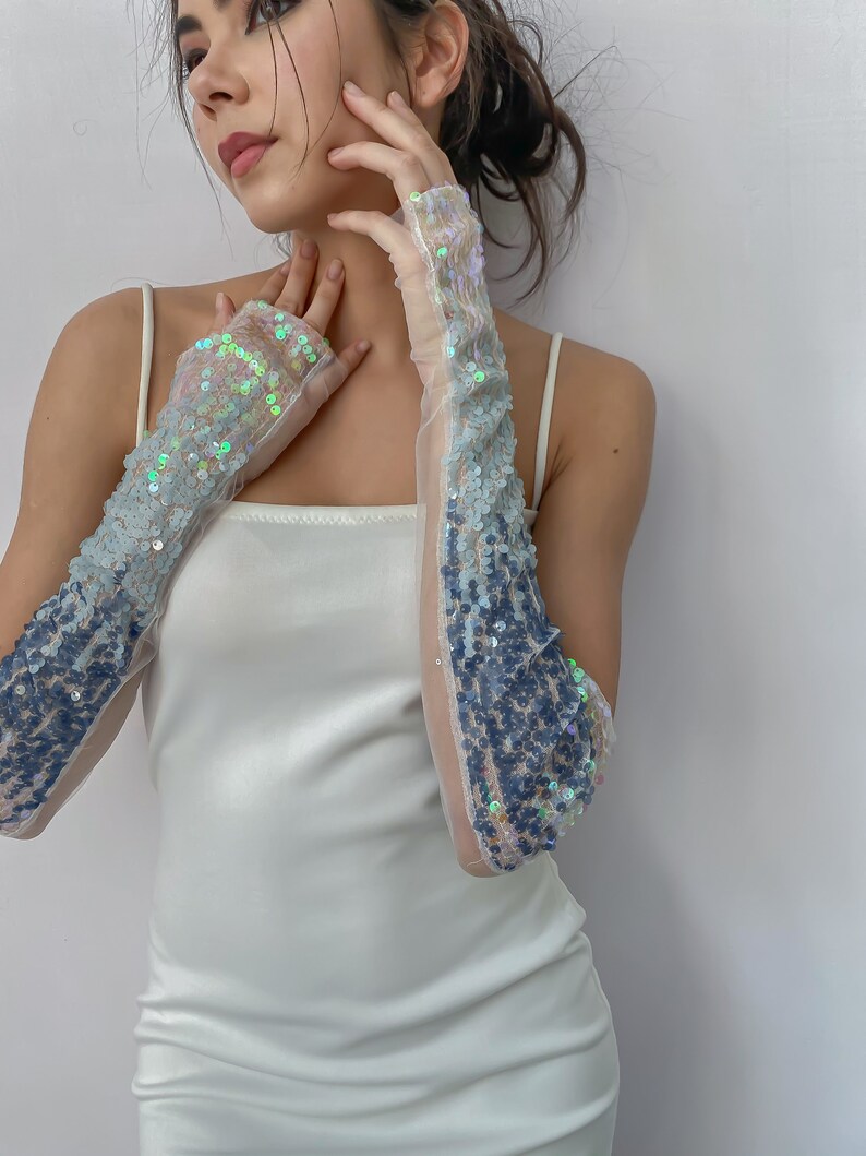 Ombre Blue Disco Gloves Sequinned Blue Sheer Tulle Gloves | Etsy