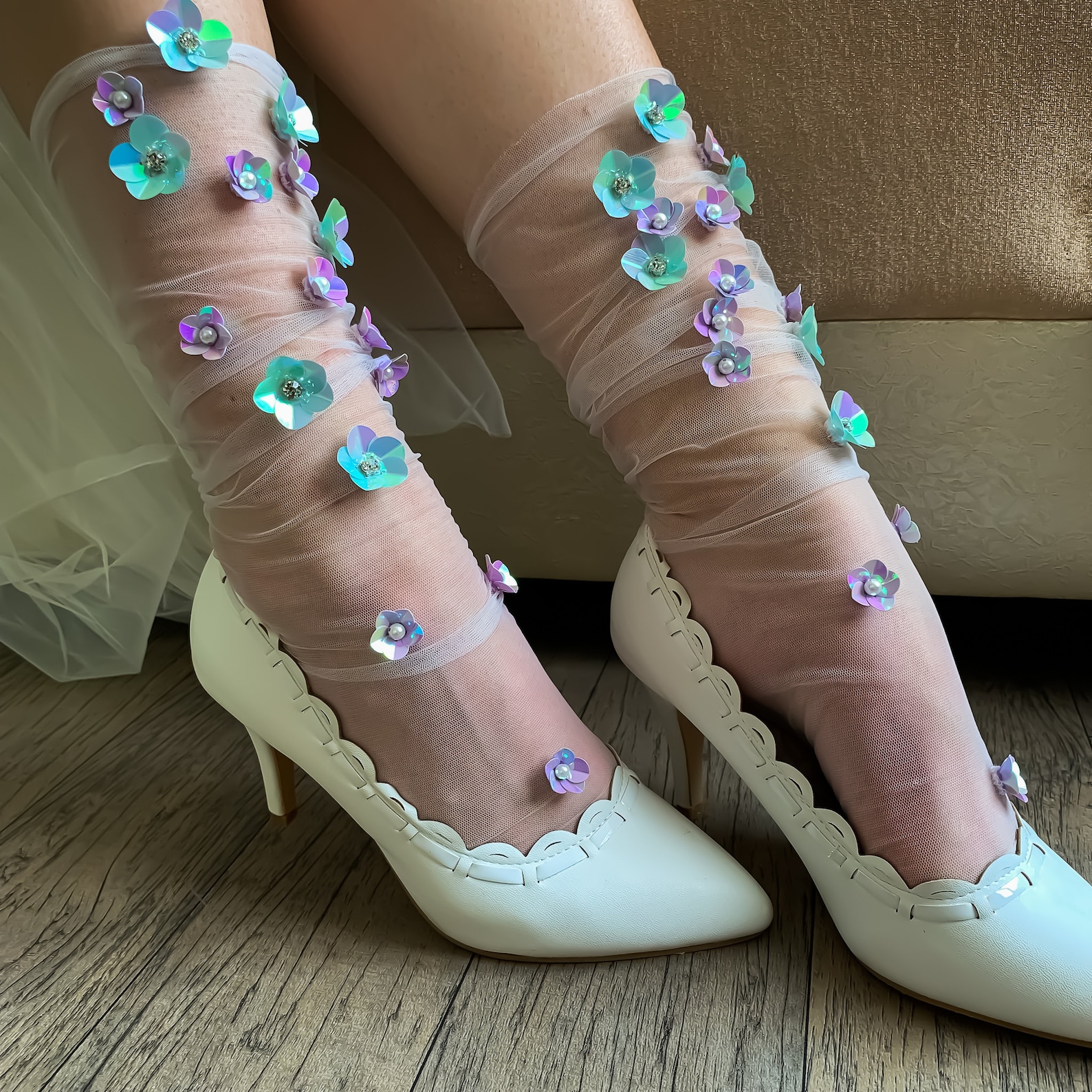 Ultra Violet Tulle Socks (white/black) | 3D Holographic Flower ...
