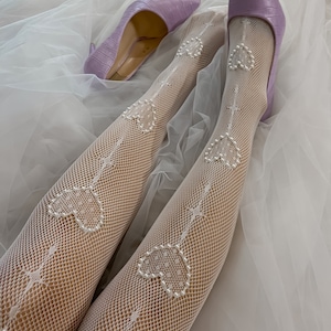 Custom Pearly Heart Tights (white) Fishnet Stockings Pantyhoe | Vintage ...