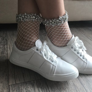 Jewel Encrusted White Fishnet Socks | Crystal Socks | Bejeweled Fishnet ...