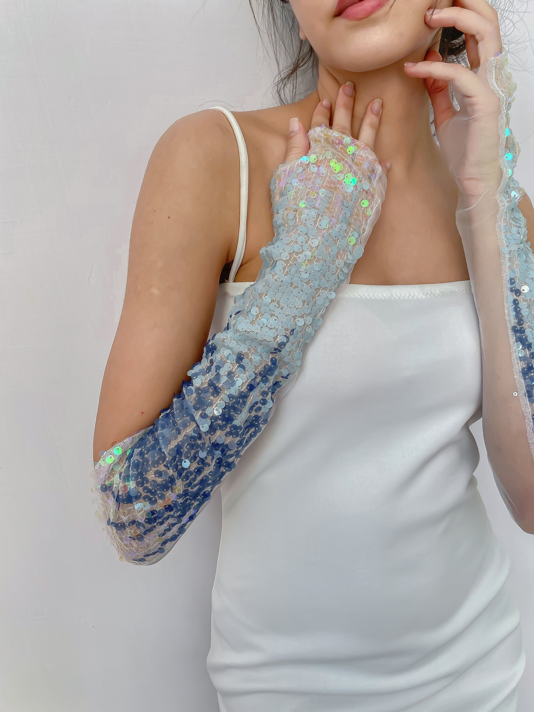Ombre Blue Disco Gloves Sequinned Blue Sheer Tulle Gloves - Etsy