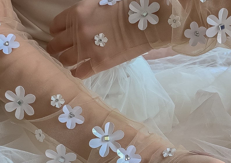 Floral Ecstacy Nude Tulle Gloves White Flowers Embellished - Etsy