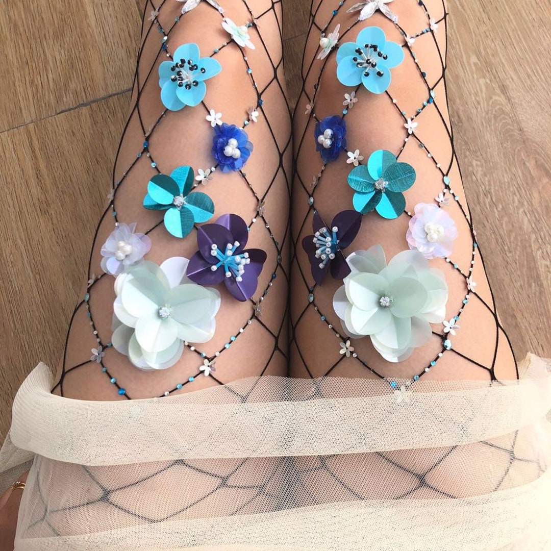 Blueberry Orchid Fishnet Stockings | 3D Flower Wedding Tights | Vintage ...