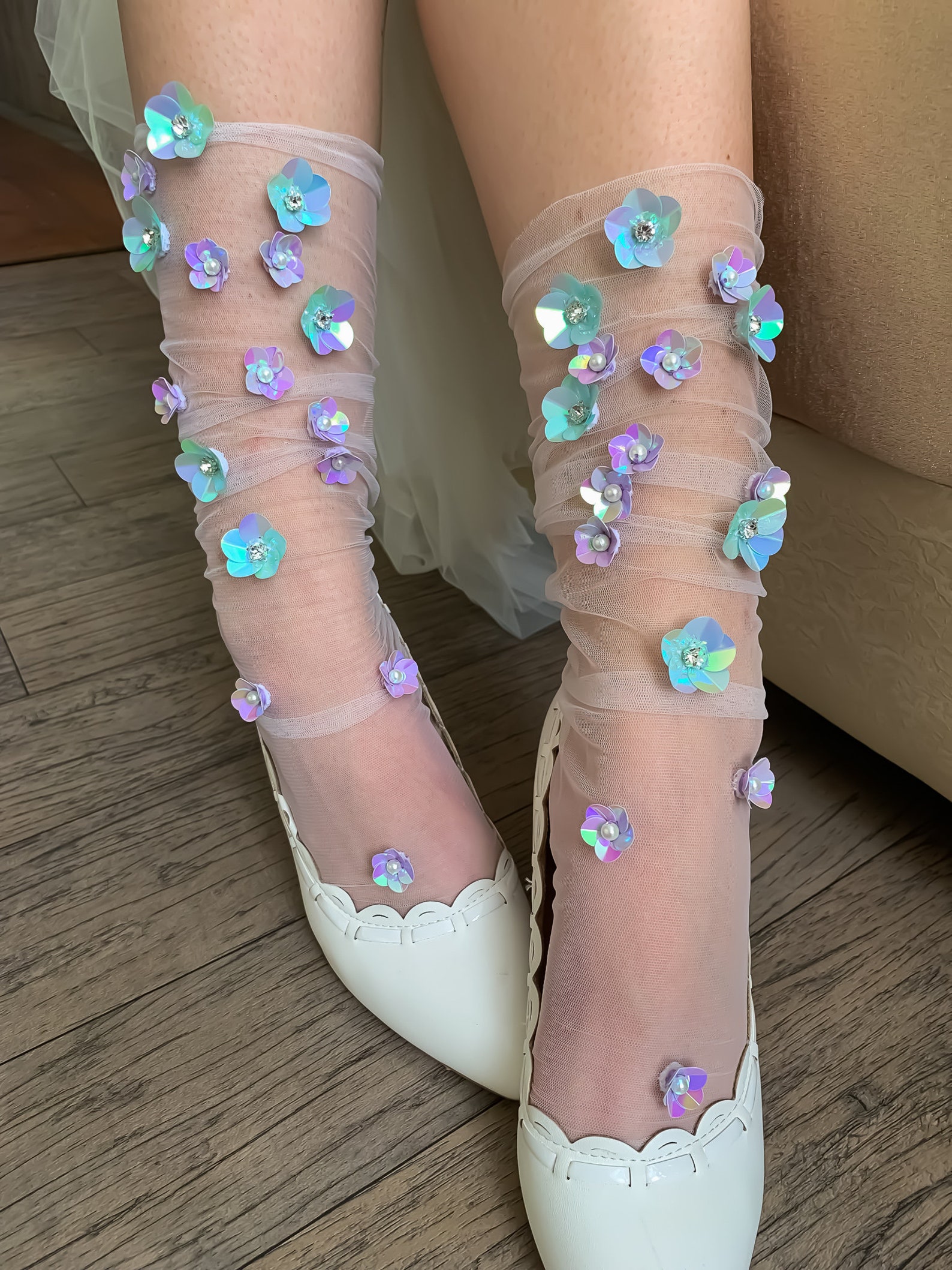 Ultra Violet Tulle Socks white/black 3D Holographic Flower | Etsy