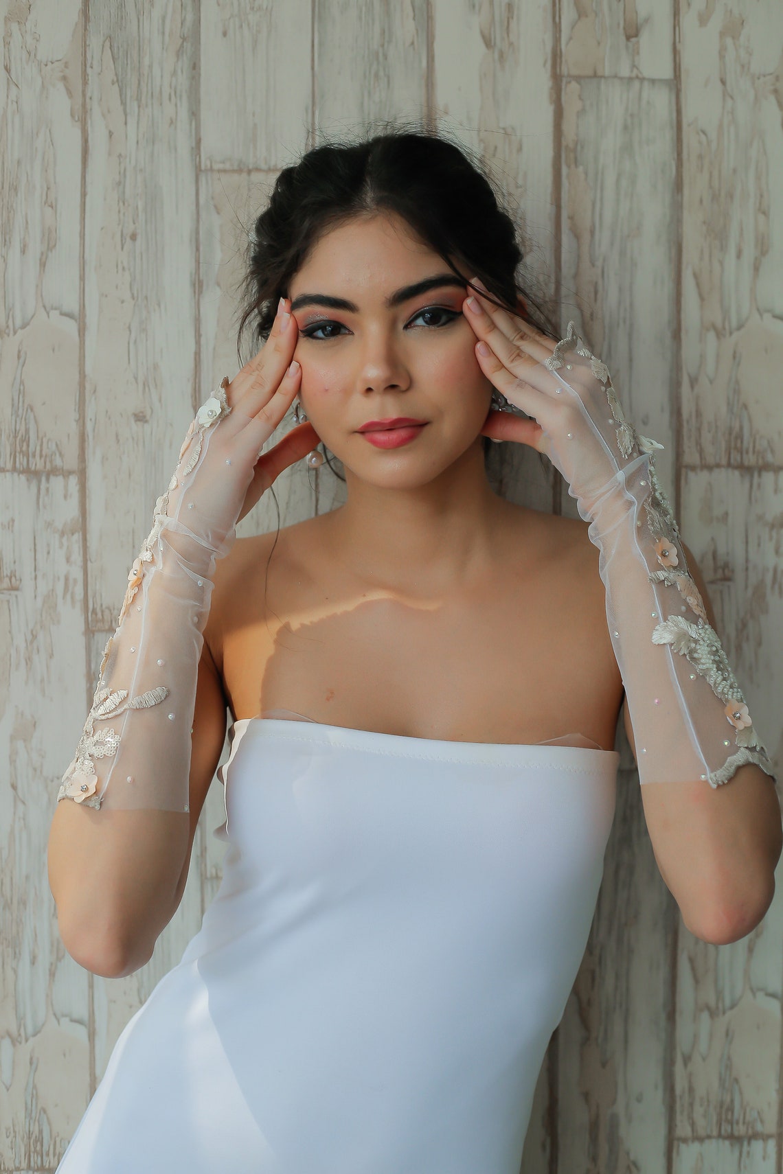 Sierra White & Peach Embroidered Ivory Sheer Tulle Gloves - Etsy