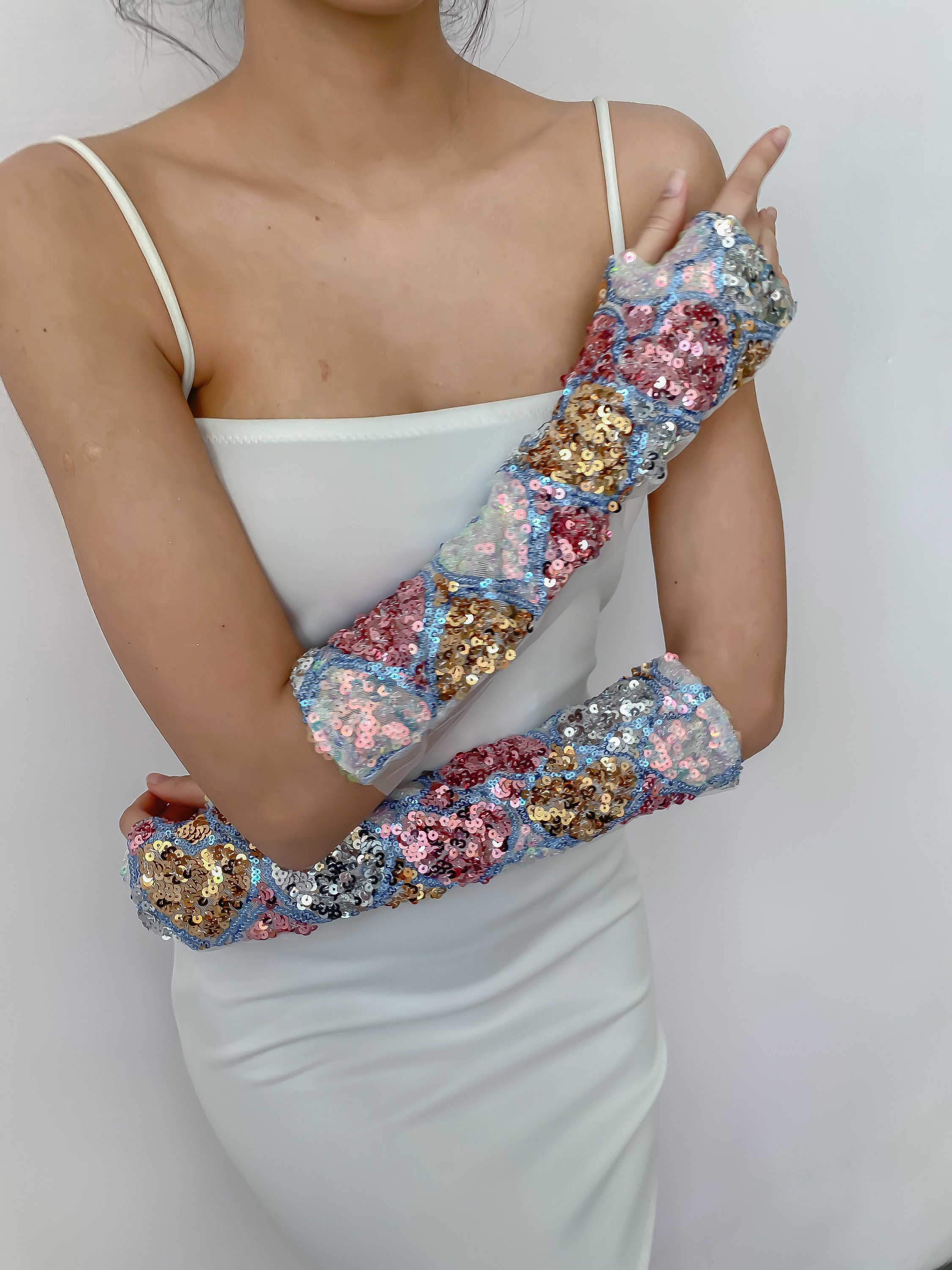 Stereo Hearts Disco Gloves Sequinned Multi Sheer Tulle | Etsy