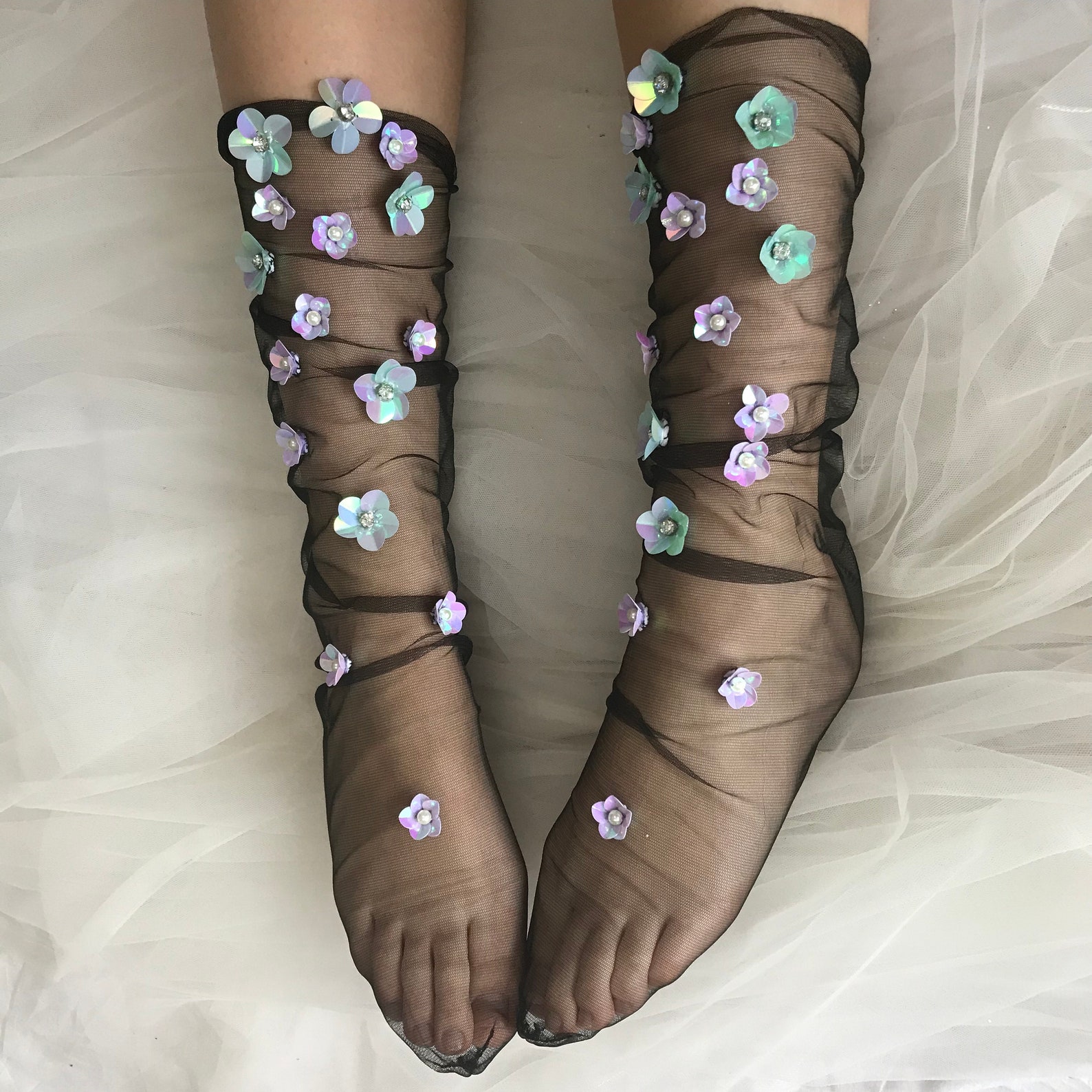 Ultra Violet Tulle Socks white/black 3D Holographic Flower | Etsy