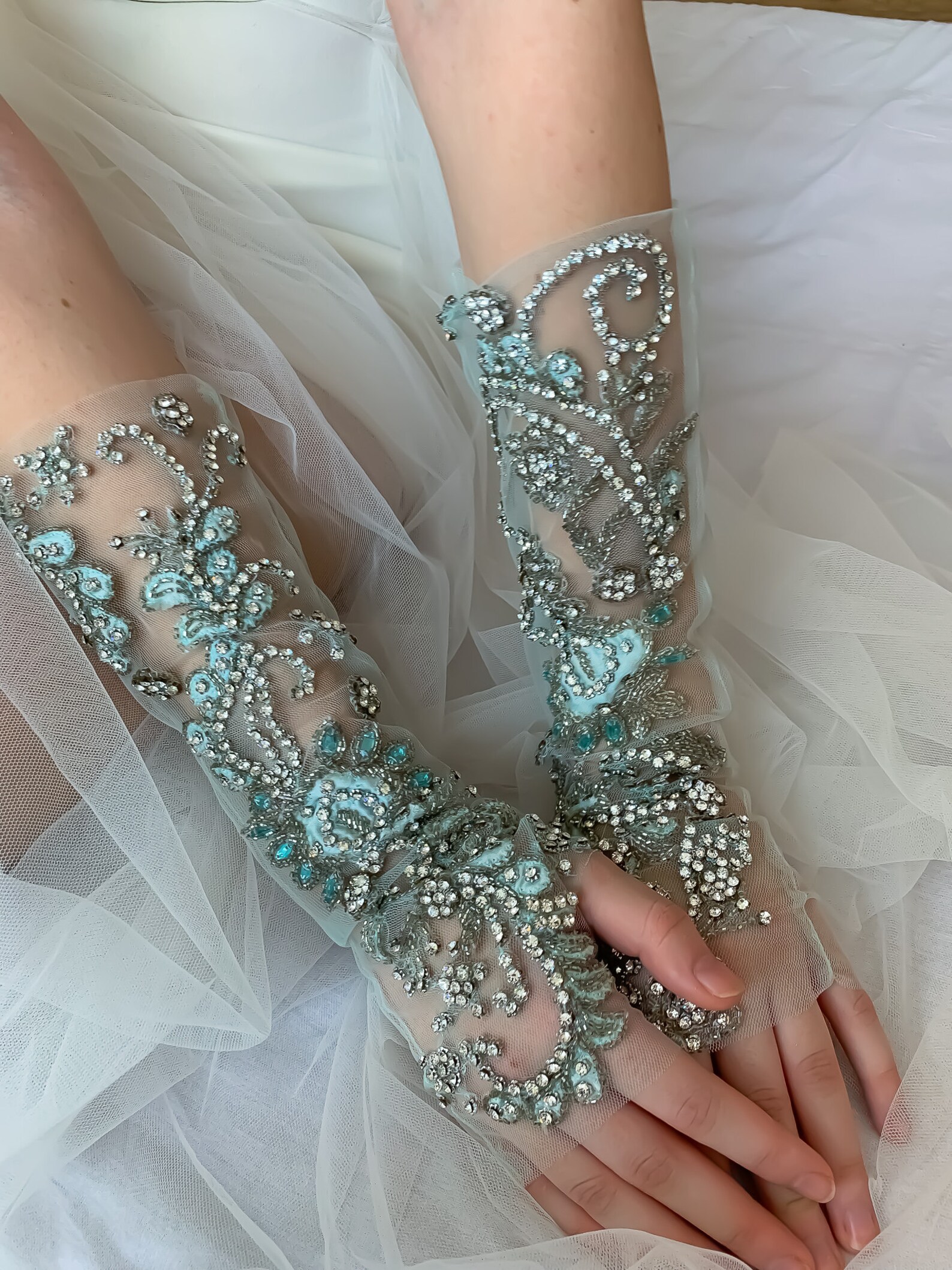 Symphony of the Sea Gloves Embroidered Mint Blue Sheer Tulle Gloves ...