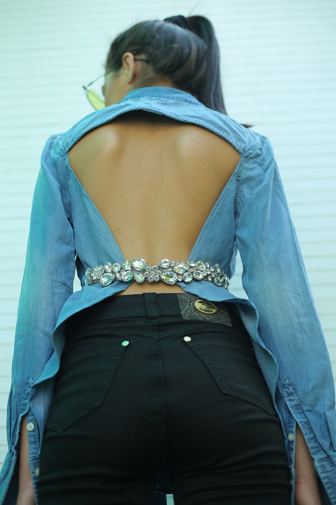 Denim at Risque Backless Shirt | Backless Denim Shirt | Tie up Waist ...