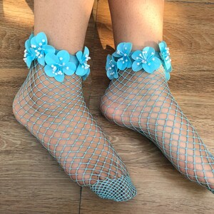 Blue Bloom Fishnet Socks | 3D Flower Embellished Socks | Wedding Bridal ...