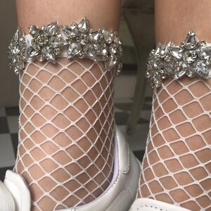 Jewel Encrusted White Fishnet Socks | Crystal Socks | Bejeweled Fishnet ...