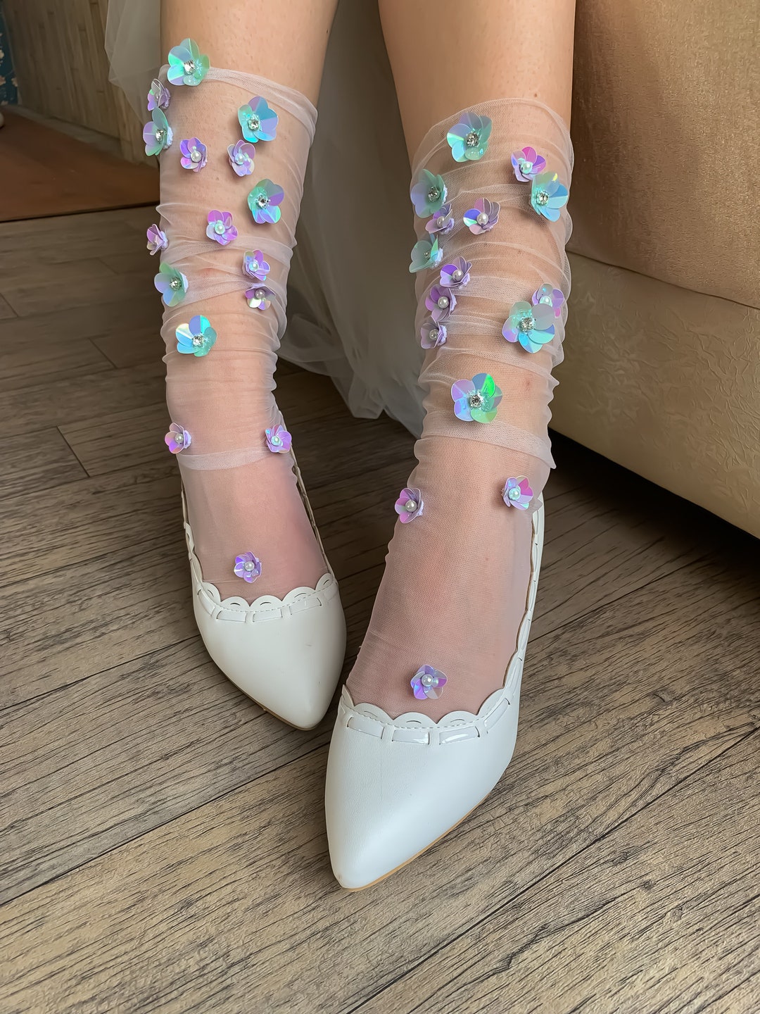 Ultra Violet Tulle Socks (white/black) | 3D Holographic Flower ...