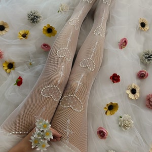 Custom Pearly Heart Tights (white) Fishnet Stockings Pantyhoe | Vintage ...
