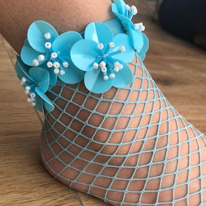 Blue Bloom Fishnet Socks | 3D Flower Embellished Socks | Wedding Bridal ...