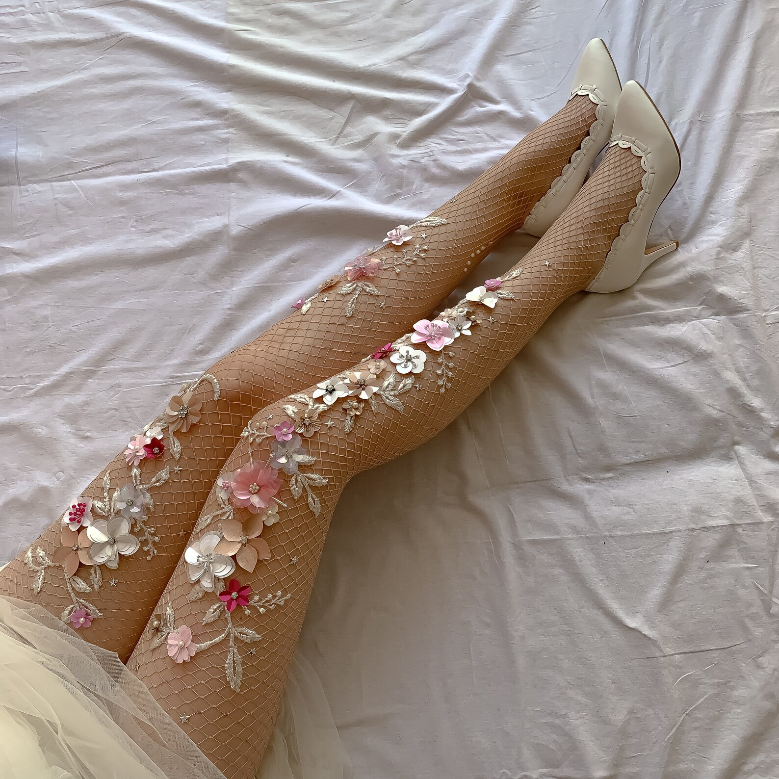 British Rose Fishnet Stockings Embroidered Floral Wedding | Etsy