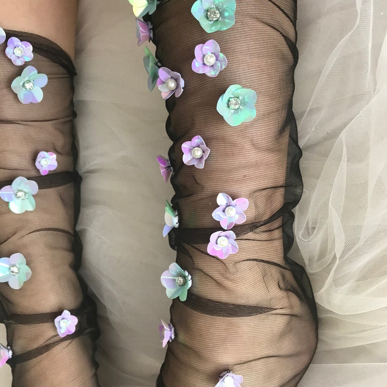Ultra Violet Tulle Socks (white/black) | 3D Holographic Flower ...